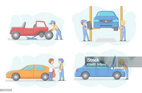 자동차 수리 점 개념 균일 한 변화하는 차량 타이어 및 수리 엔진의 전문 역학 세트 서비스에서 자동차를 고정 남성 문자 만화