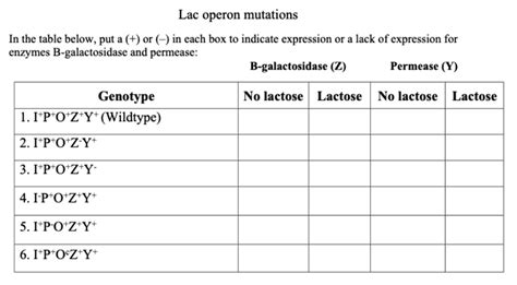 Solved Text Lac Operon Mutations In The Table Below Put A Or