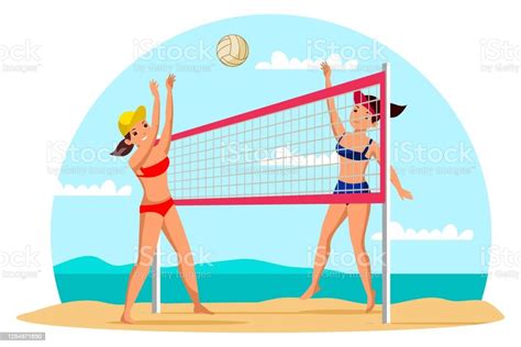 비치 발리볼 플랫 일러스트를 연주하는 여자 스포츠웨어 만화 캐릭터의 프로 선수 팀 훈련 연습 친선 대회 대회 여름 스포츠 활동