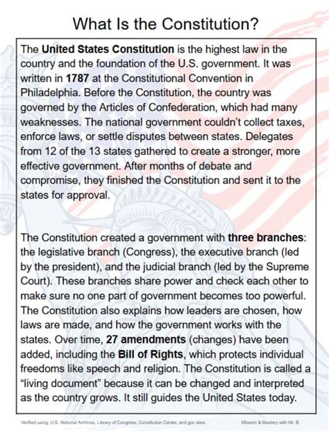 Constitution Mini Pack And Comprehension Bundle Reading Various