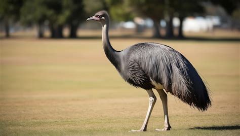 A Large Emu Bird With A Gray Tail Stands In A Grassy Field Premium Ai