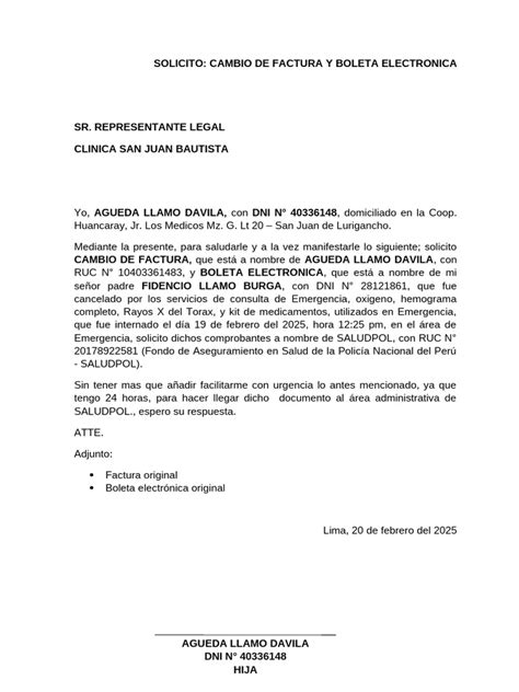 Solicitud De Cambio De Factura Y Boleta Pdf