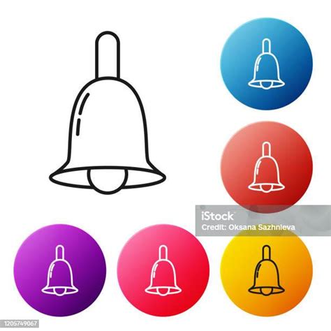 흰색 배경에 격리 된 검은 색 선 벨 아이콘 알람 기호 서비스 벨 핸드 벨 기호 알림 기호입니다 아이콘 다채로운 원 버튼을