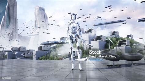 여성 로봇 드로이드 미래 지향적 인 도시 비행 자동차 교통 거대 경찰 미래 개념 3d 렌더링 로봇에 대한 스톡 사진 및 기타 이미지 Istock