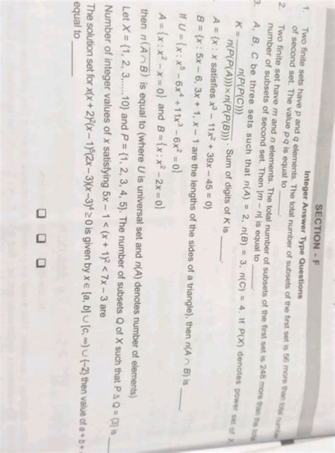 Section F Integer Answer Type Questions Two Finite Sets Have P And Q El