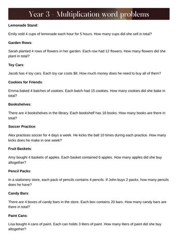 Year 3 Multiplication Word Problems Teaching Resources