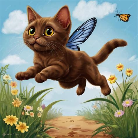 Premium Vector A Cat With A Butterfly On Its Tail Flies Through The Air