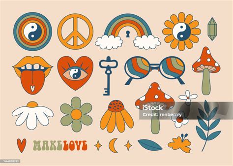 Ilustración De Conjunto De Pegatinas Psicodélicas Vectoriales Groovy
