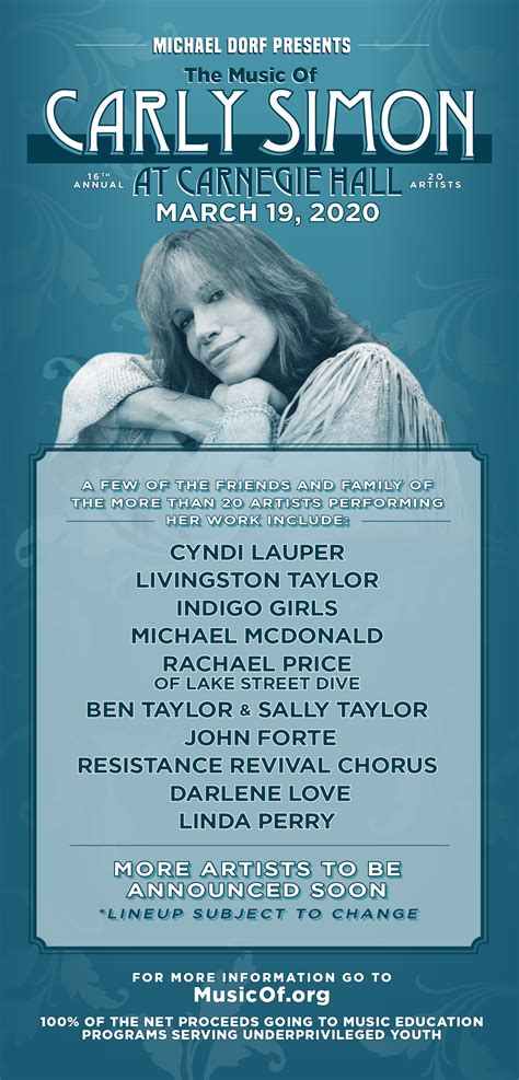 The Music Of Carly Simon Unveils Initial Lineup Of Performers