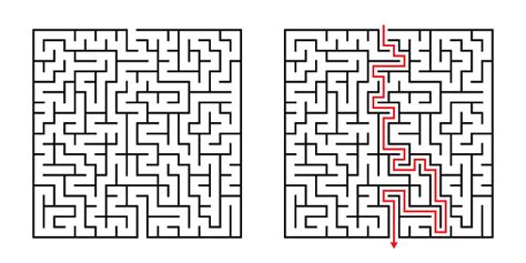 벡터 사각형 미로 검은 색과 빨간색에 포함 된 솔루션미로 조정 문제 해결 의사 결정 기술 테스트를위한 재미 및 교육 마음 게임