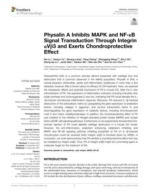 Pdf Physalin A Inhibits Mapk And Nf κb Signal Transduction Through Integrin αvβ3 And Exerts