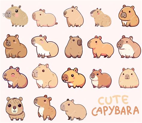 Set Collection Cute Kawaii Chibi Mascot Capybara Rodent Vector Premium Ai Generated Vector