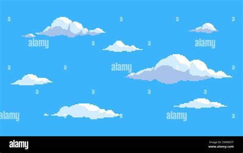 Pixel Cloud Set Flying Clouds On Blue Sky 8 Bit Sky Retro Style