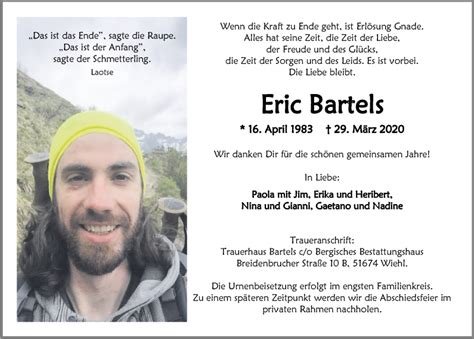 Traueranzeigen Von Eric Bartels Wirtrauern