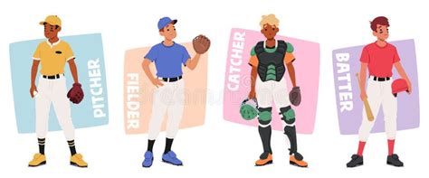 Vector Illustration Of Four Baseball Players Representing Different