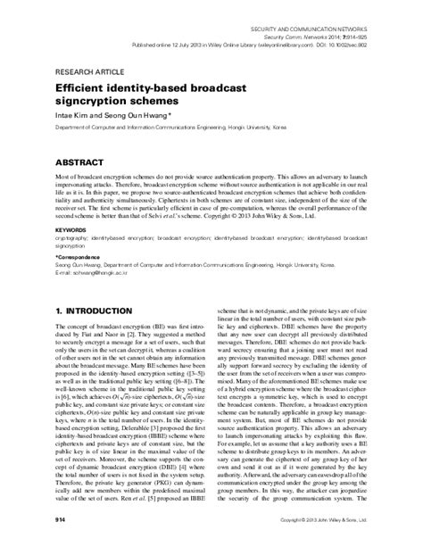 Pdf An Efficient Identity Based Broadcast Signcryption Scheme