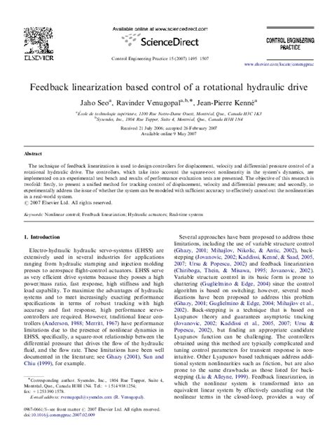 Pdf Feedback Linearization Based Control Of A Rotational Hydraulic Drive