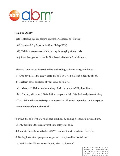 Titer Assay Protocol Guidelines For Adenovirus No 8 13520 Crestwood