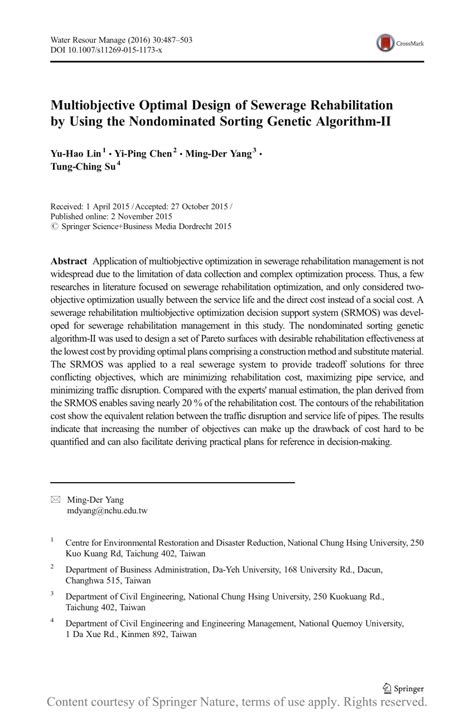 Multiobjective Optimal Design Of Sewerage Rehabilitation By Using The