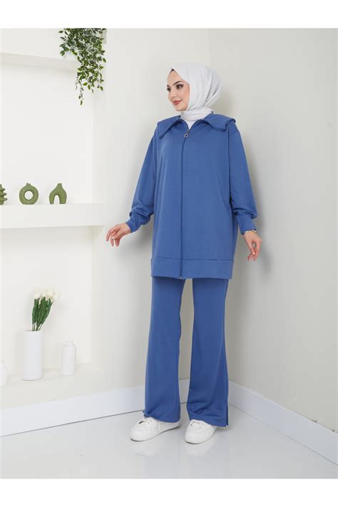 Volt Clothİng Kadın Paçası Yırtmaçlı Fermuar Yaka Detaylı Pantolonlu Tesettür Takım Fiyatı