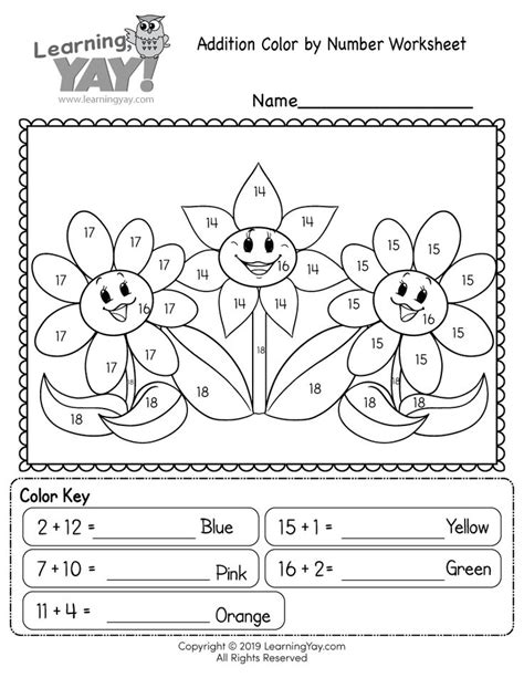 Flower Addition Color By Number Worksheet For First Graders Color By