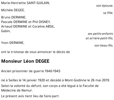 Avis De Décès De Léon Degee Décédé Le 26052019 à Annonce