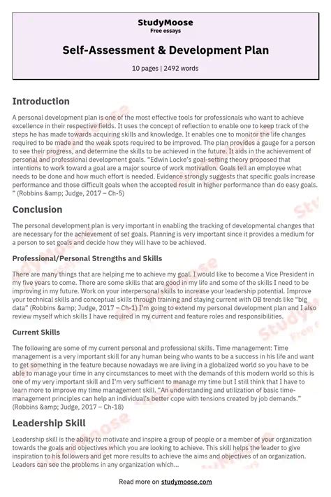 Self Assessment And Development Plan Free Essay Example