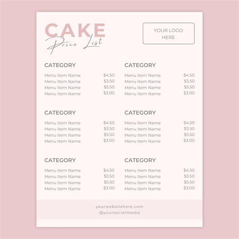 Cake Price List Template Bakery Pastry Treats Cake Business Pink