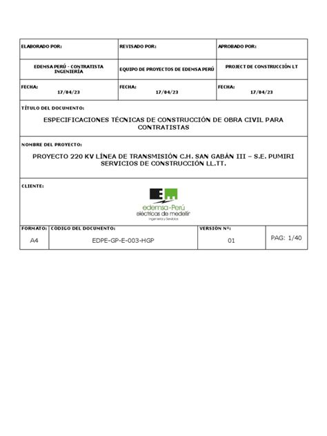 Anexo 1 Edpe Gp E 003 Hgp Especificaciones T Construcción De Obra