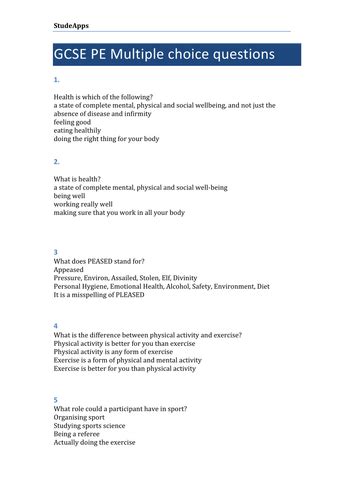 Gcse Pe Multiple Choice Questions Teaching Resources