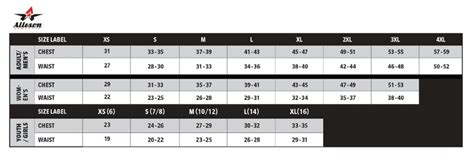 Alleson Athletic Sizing Chart For Uniforms Adn Clothing