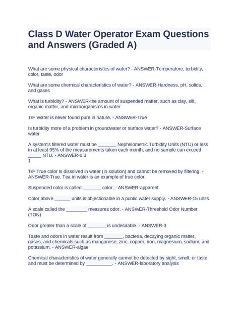 Class D Water Operator Exam Questions And Answers Graded A Exams Water Resources Planning