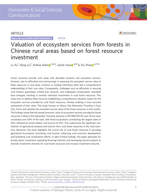 Pdf Valuation Of Ecosystem Services From Forests In Chinese Rural