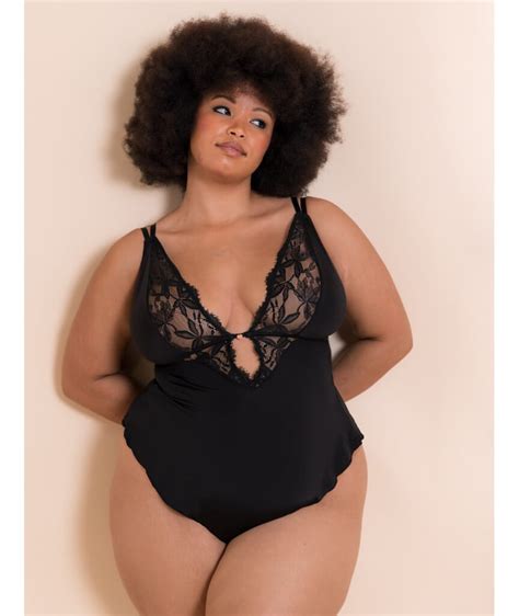 Scantilly Embrace Stretch Lace Teddy Bodysuit Black Curvy