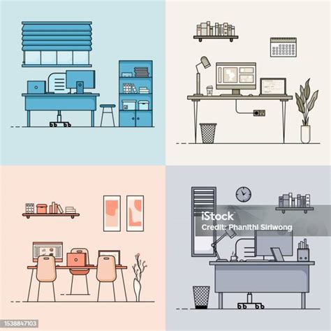 컴퓨터 데스크탑 장비를 갖춘 작업대의 평면 디자인 테이블 의자 책이 있는 업무용 책상 개념에 대한 스톡 벡터 아트 및 기타 이미지 Istock