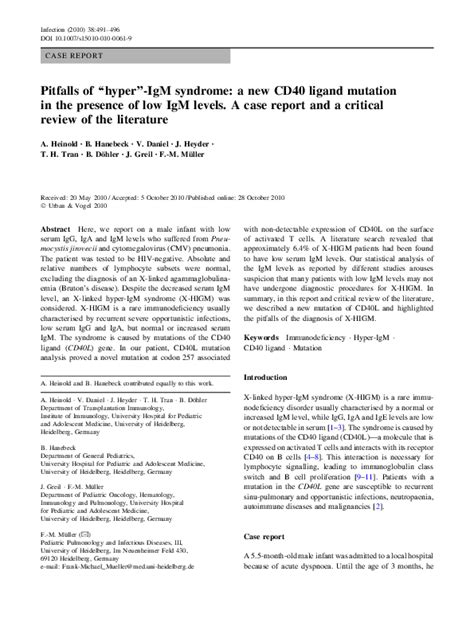 Pdf Pitfalls Of “hyper” Igm Syndrome A New Cd40 Ligand Mutation In