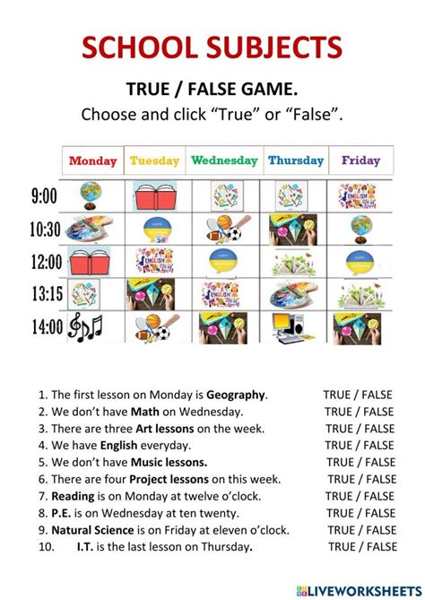Timetable Online Exercise For 2 3 School Subjects Abc Activities