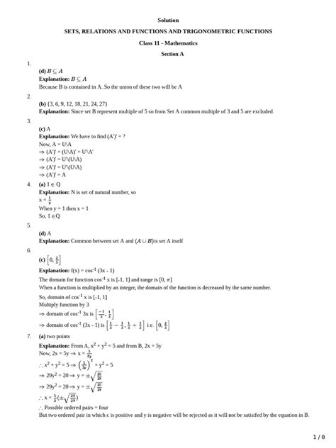 Sets Relations And Functions And Trigonometric Functions Solutions