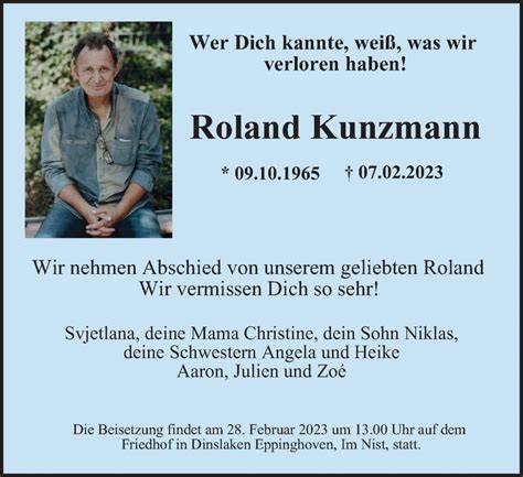 Traueranzeigen Von Roland Kunzmann Trauer In Nrw De