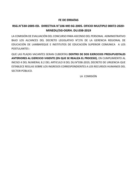 Fe De Erratas Concurso Personal Administrativo Pdf
