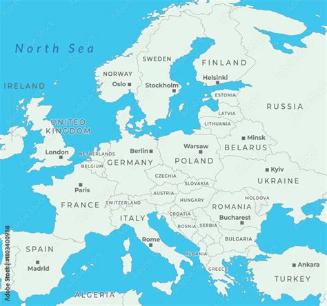 Regions Of Europe Political Map With Single Countries And Labeling Stock Vector Adobe Stock