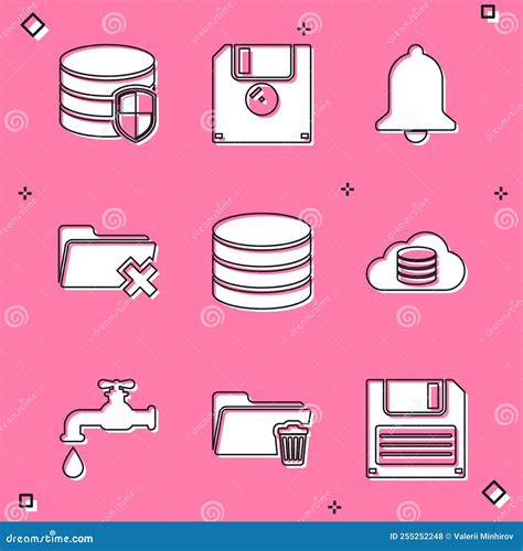 set database protection floppy disk ringing bell delete folder and cloud database icon