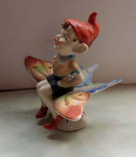 Vintage Occupied Japan Pixie Elf Riding On A Butterfly Having Fun