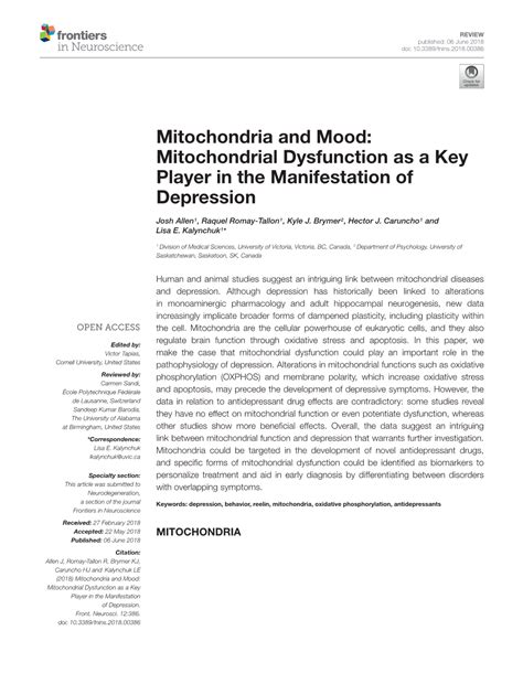 Mitochondria And Mood Mitochondrial Dysfunction As A Key Player In The Manifestation Of