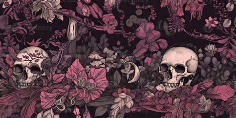Background Pattern With Dark Moody Forest Flowers And Skulls Halloween Magic Scary Spooky Vibe