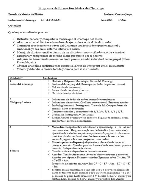 Programa De Formación Básica De Charango Anual 2024 1°año A 5°año