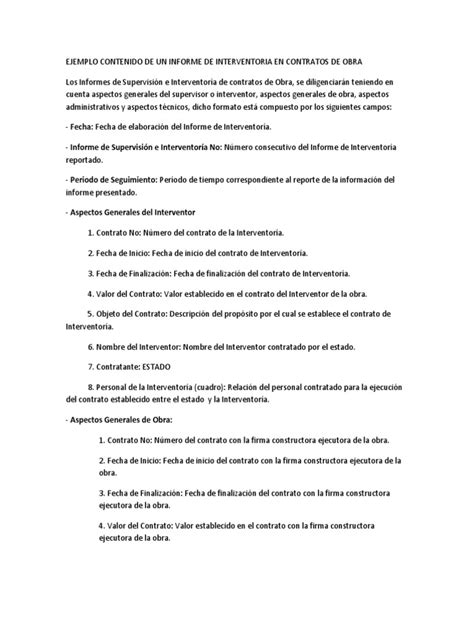 Ejemplo Contenido De Un Informe De Interventoria En Contratos De Obra