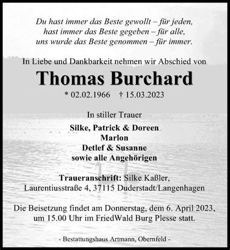Traueranzeigen Von Thomas Burchard Trauer Anzeigen De