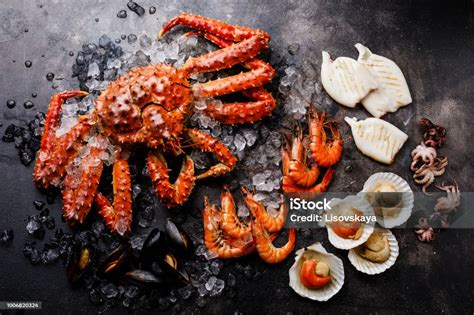 Makanan Laut Rebus Di Atas Es Kepiting Raja Udang Udang Kerang Kerang Kerang Dalam Kerang Gurita