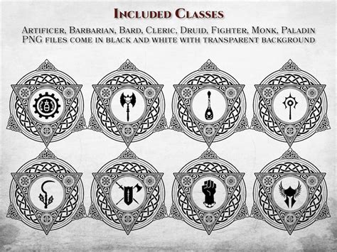Dnd Class Emblems Svg Png Every Class Icon Incl Artificer Celtic Viking Printable Accessory